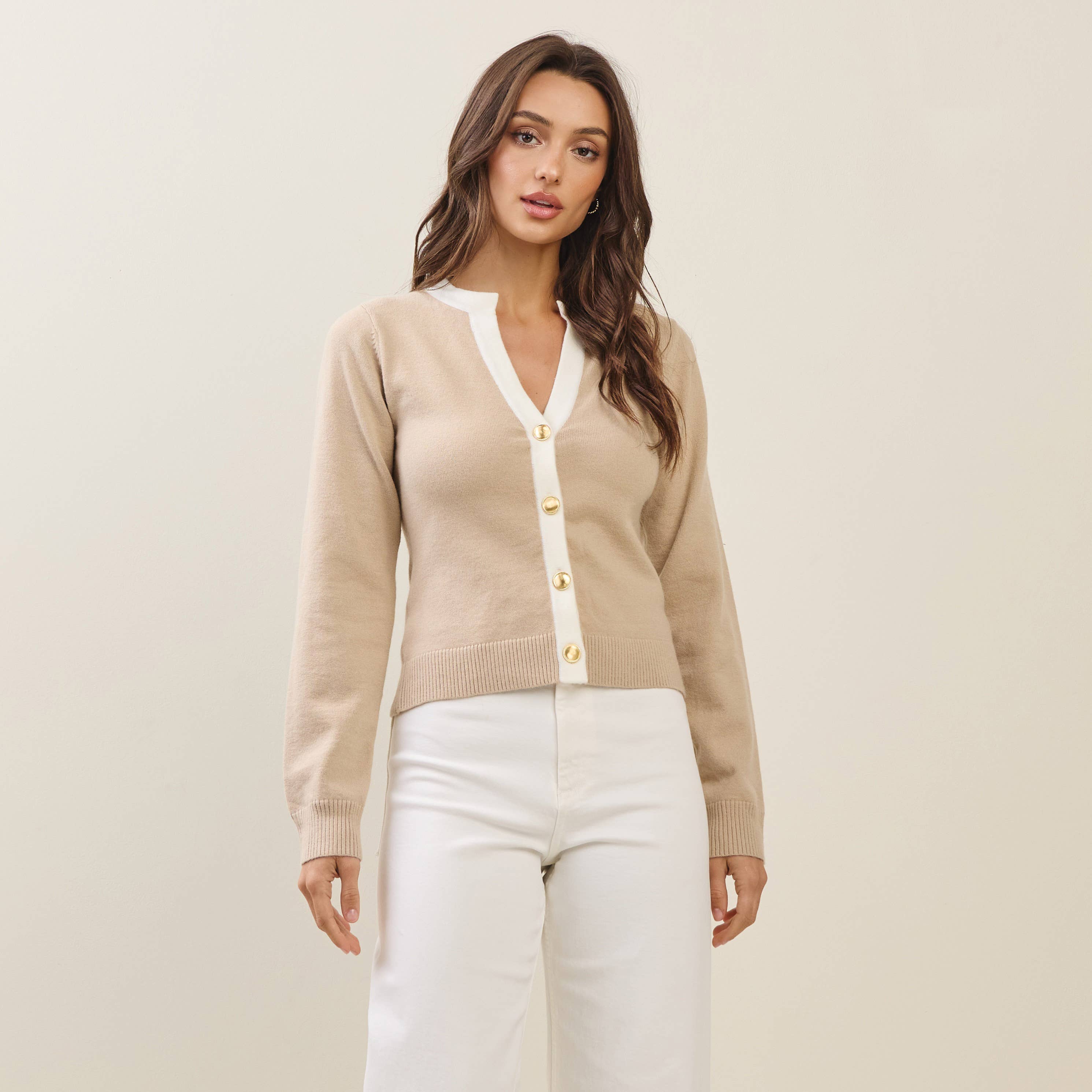 V-Neck Gold Button Cardigan Sweater – Subtle and Sass